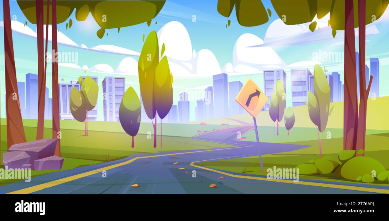 Winding road to city with sign, woods and grass on sides. Cartoon ...
