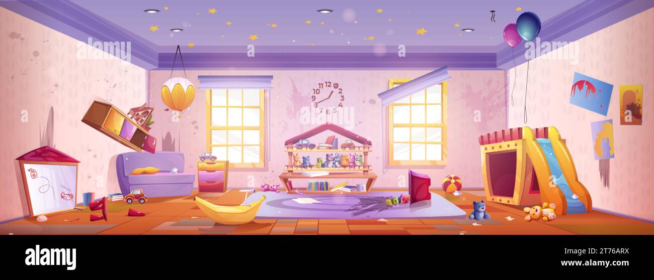 Messy abandoned kindergarten room interior - untidy dirty children room ...