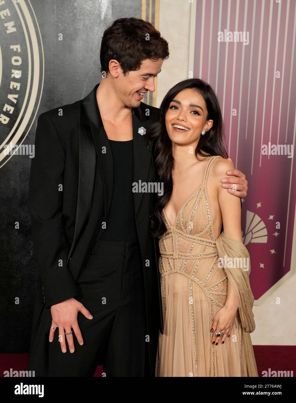 Tom Blyth, left, and Rachel Zegler pose together at the Los Angeles ...