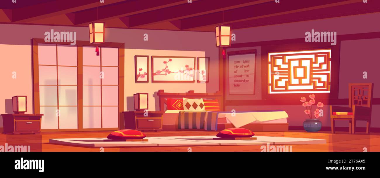 Japanese hotel bedroom interior cartoon vector illustration. Room with ...