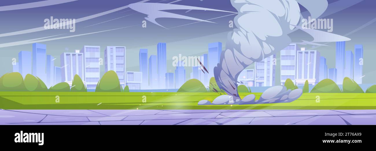 Tornado hurricane twister with swirl dust and cloud near city. Cartoon ...