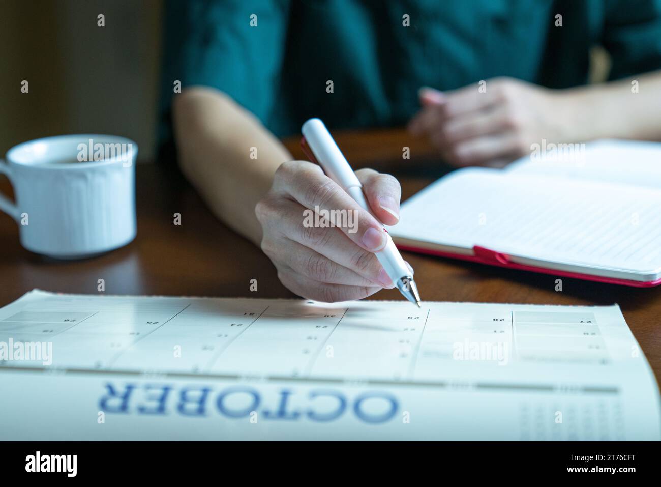 Close up view of woman holding a pen on top of a calendar, next to ...