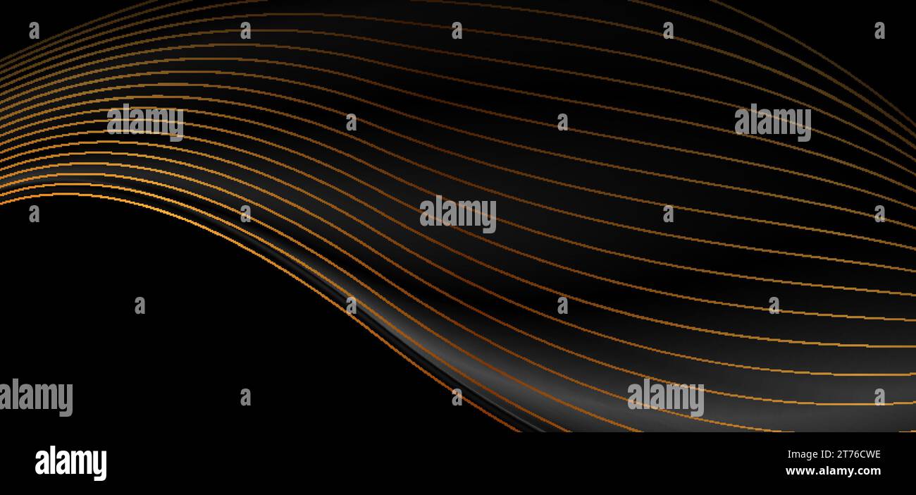 Black abstract tech luxury waves background with golden lines. Vector ...
