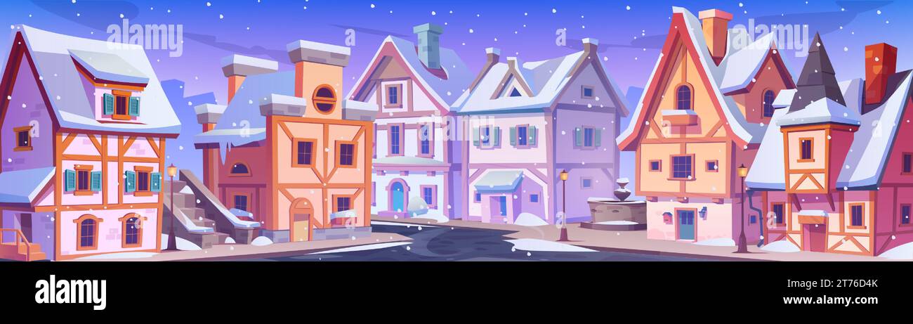 Snowy winter in old European town. Vector cartoon illustration of ...