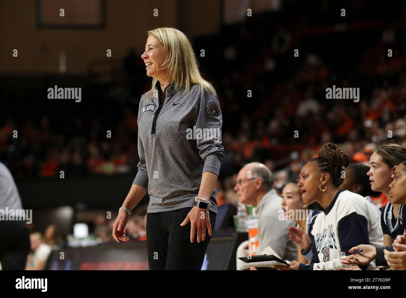 Villanova head coach Denise Dillon reacts during the first half of an ...