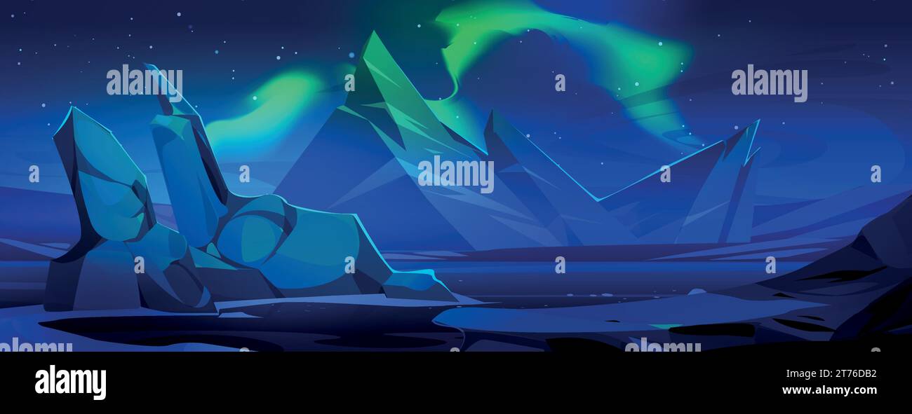 Night antarctic landscape with aurora borealis. Vector cartoon ...