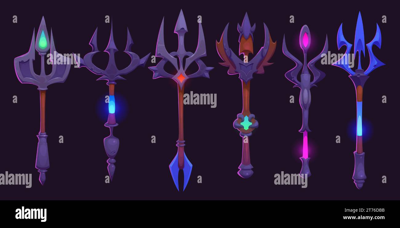 Magic trident staffs set isolated on black background. Vector cartoon ...