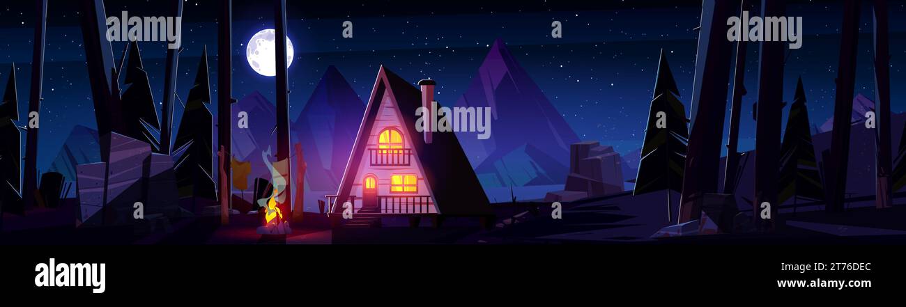 Wooden house near night forest river. Vector cartoon illustration of ...