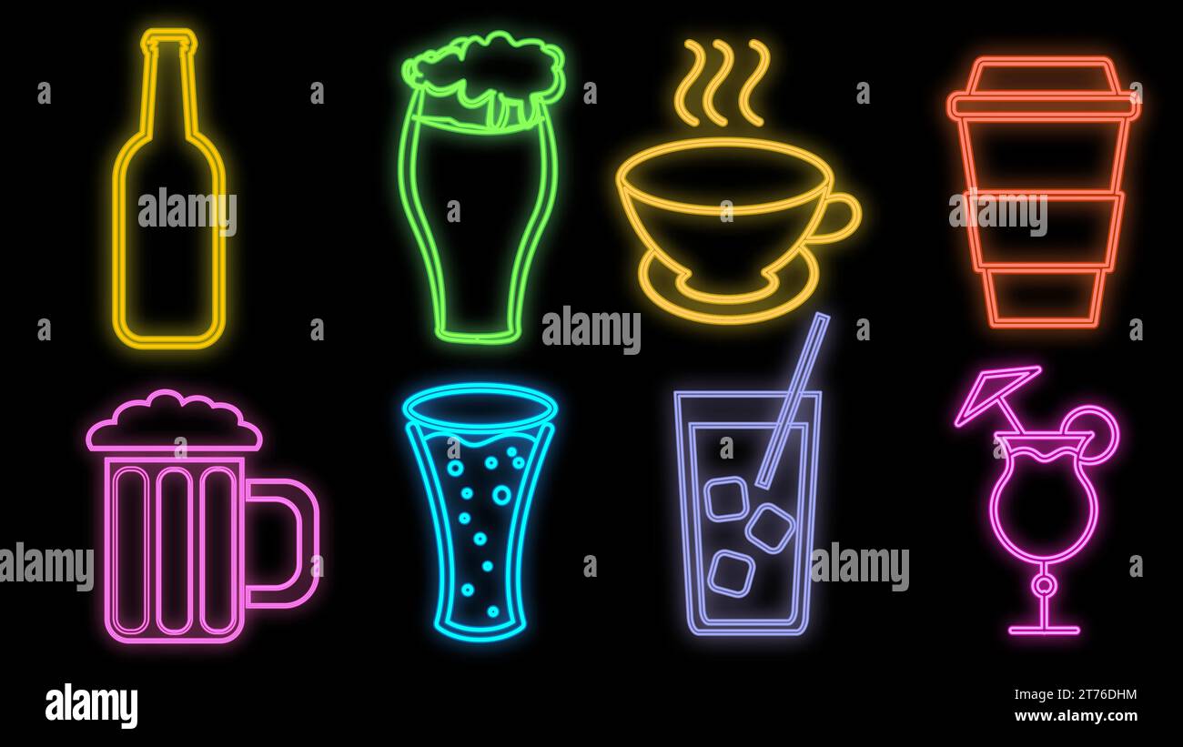 Set of bright luminous multi-colored neon signs for a cafe restaurant ...