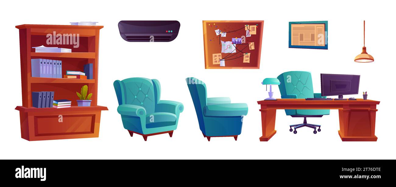 Detective office room interior furniture and equipment. Cartoon vector ...