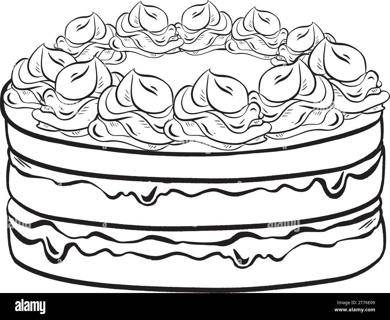 Hand-drawn vector. Ink. Delicious cake adorned with meringue cream ...