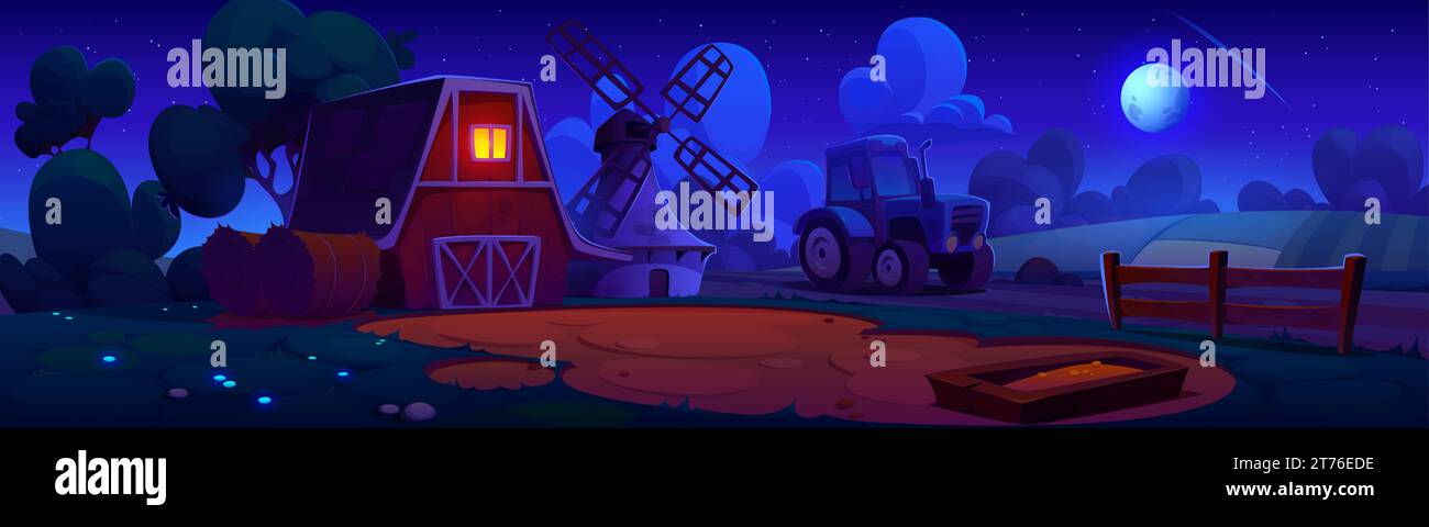 Night farm yard with tractor under starry sky. Vector cartoon ...