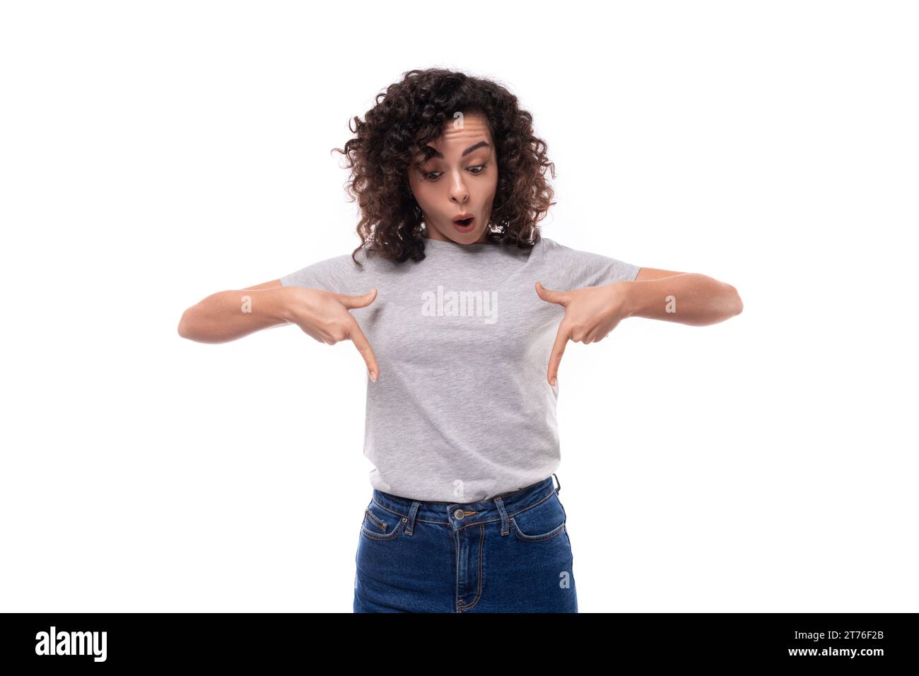 positive slim curly brunette promoter woman with glasses is dressed in ...