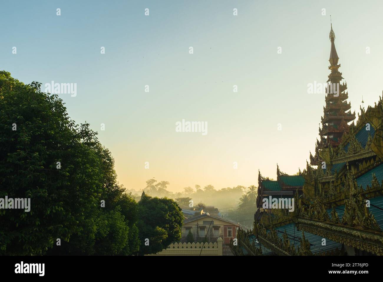Yangon, Myanmar. Looking out from the Shwedagon Pagoda platform, the ...