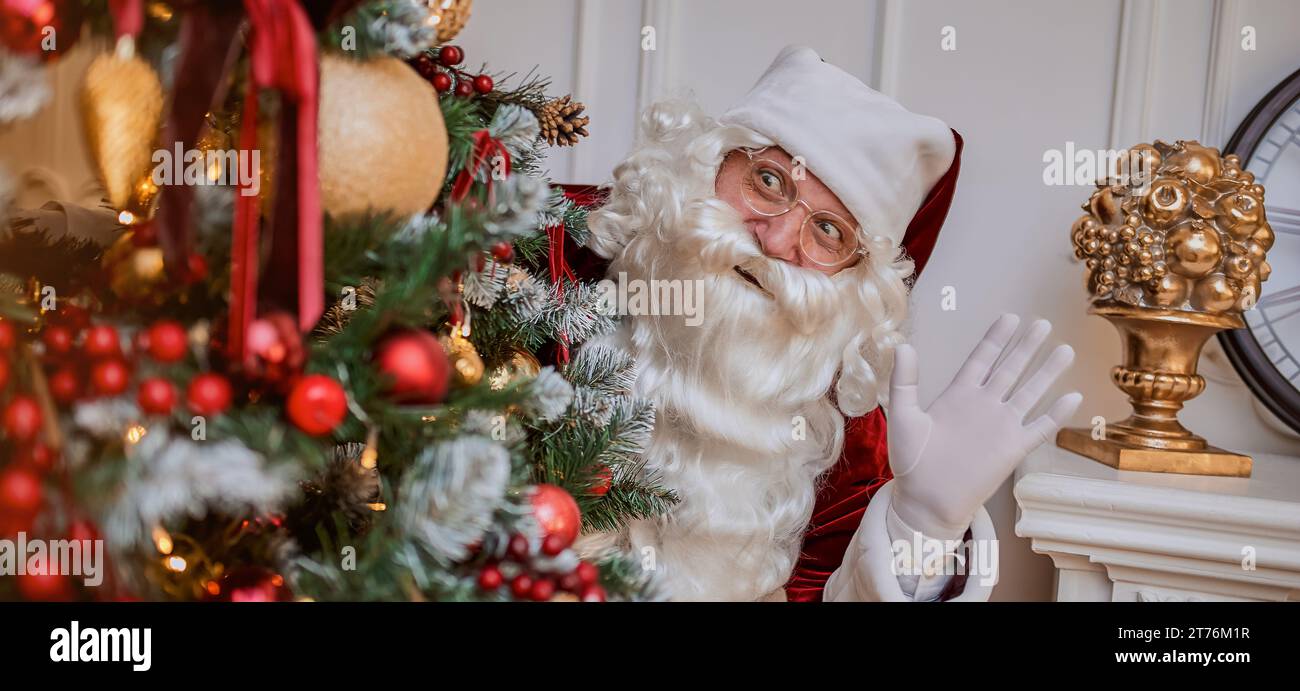 Santa Claus is hiding behind christmas tree to hide gifts. New year and ...