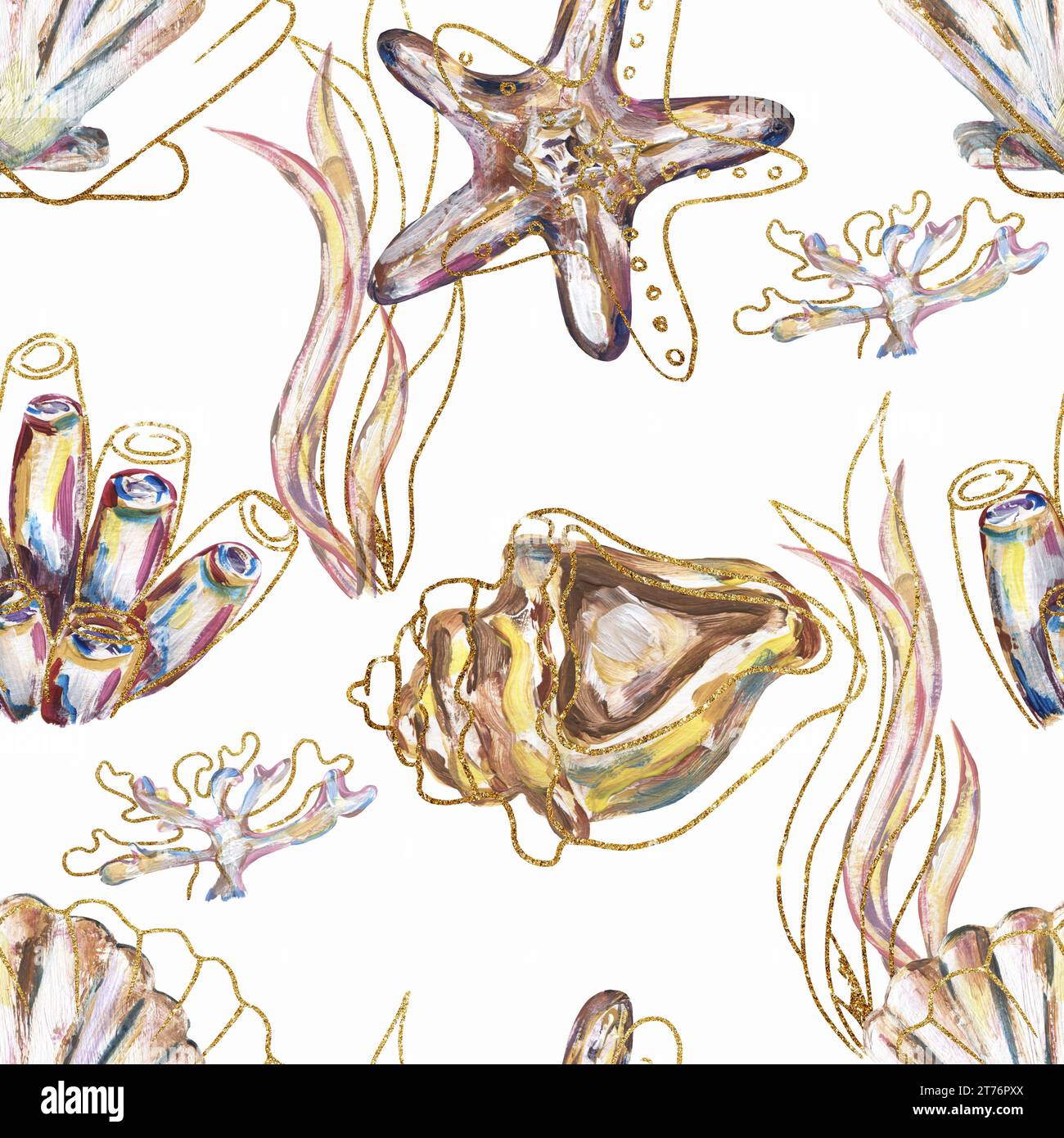 Acrylic hand painted sea shells, corals, sea weeds seamless pattern ...