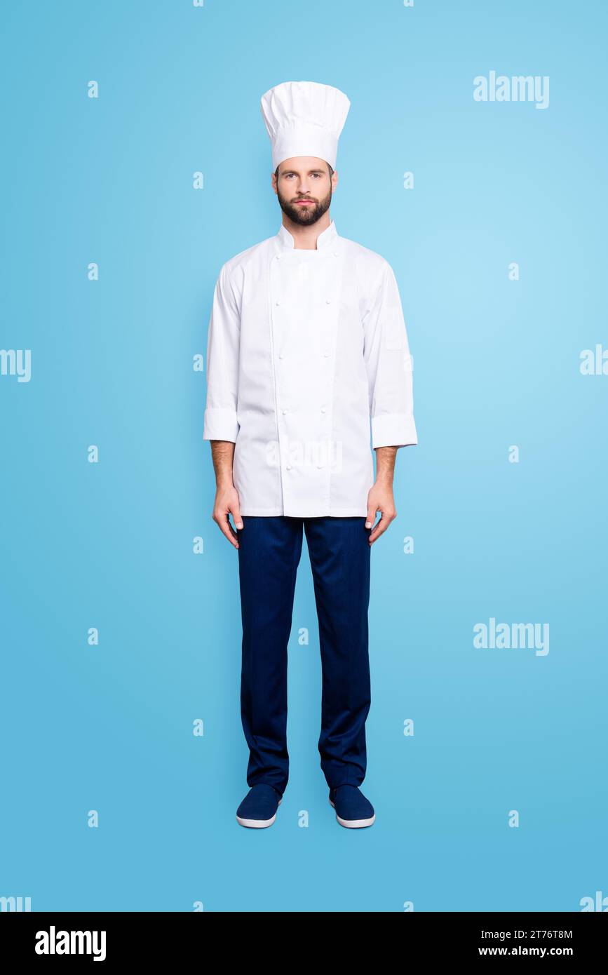 Full size fullbody portrait of attractive stylish chef cook with ...