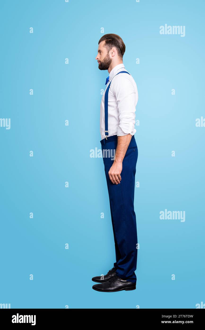 Full size fullbody, profile side view portrait of handsome attractive ...