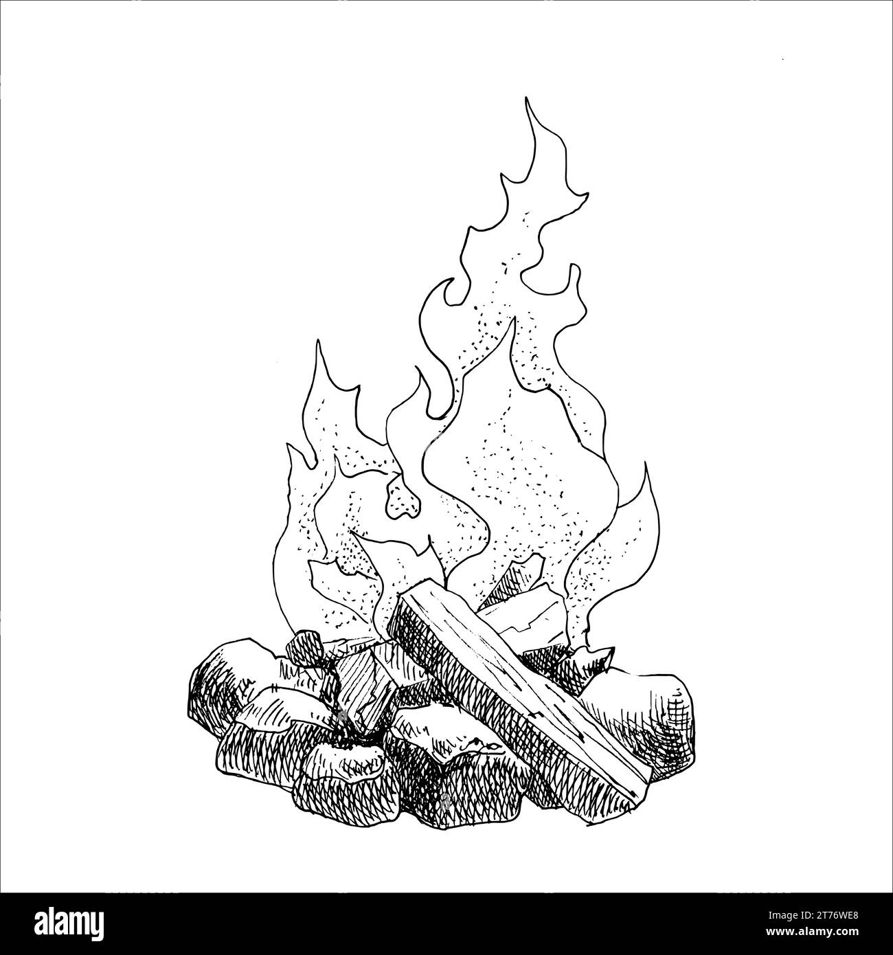 Watercolor bonfire with wood on the campfire camp place. Hand drawn ...