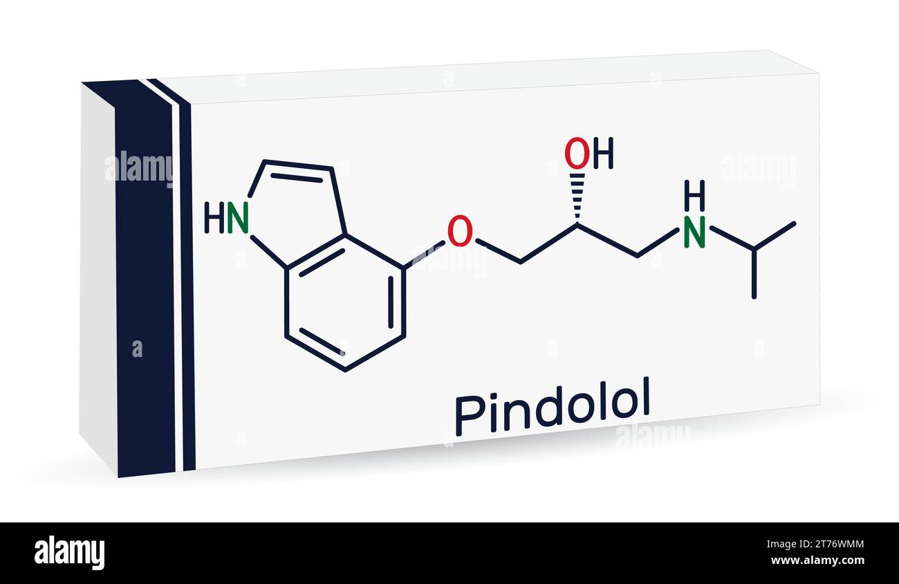 Pindolol molecule. Skeletal chemical formula. Paper packaging for drugs ...