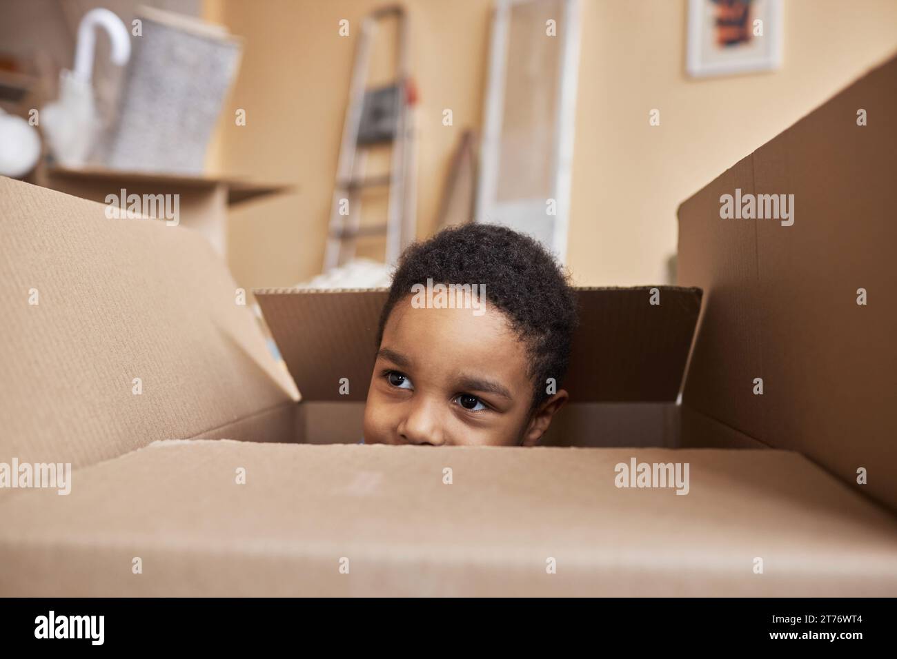 Face of cute little boy peeking out of big cardboard box and looking ...