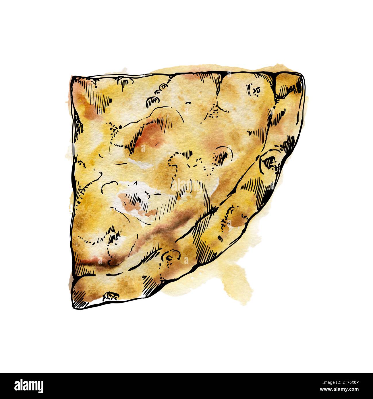 Hand drawn watercolor ink illustration. Pizza slice with toppings ...