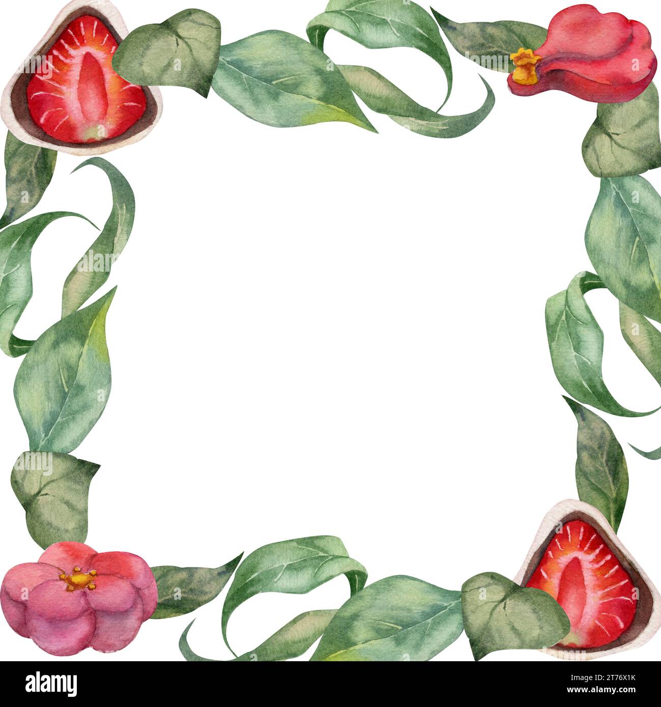 Watercolor hand drawn traditional Japanese sweets. Frame with winter ...