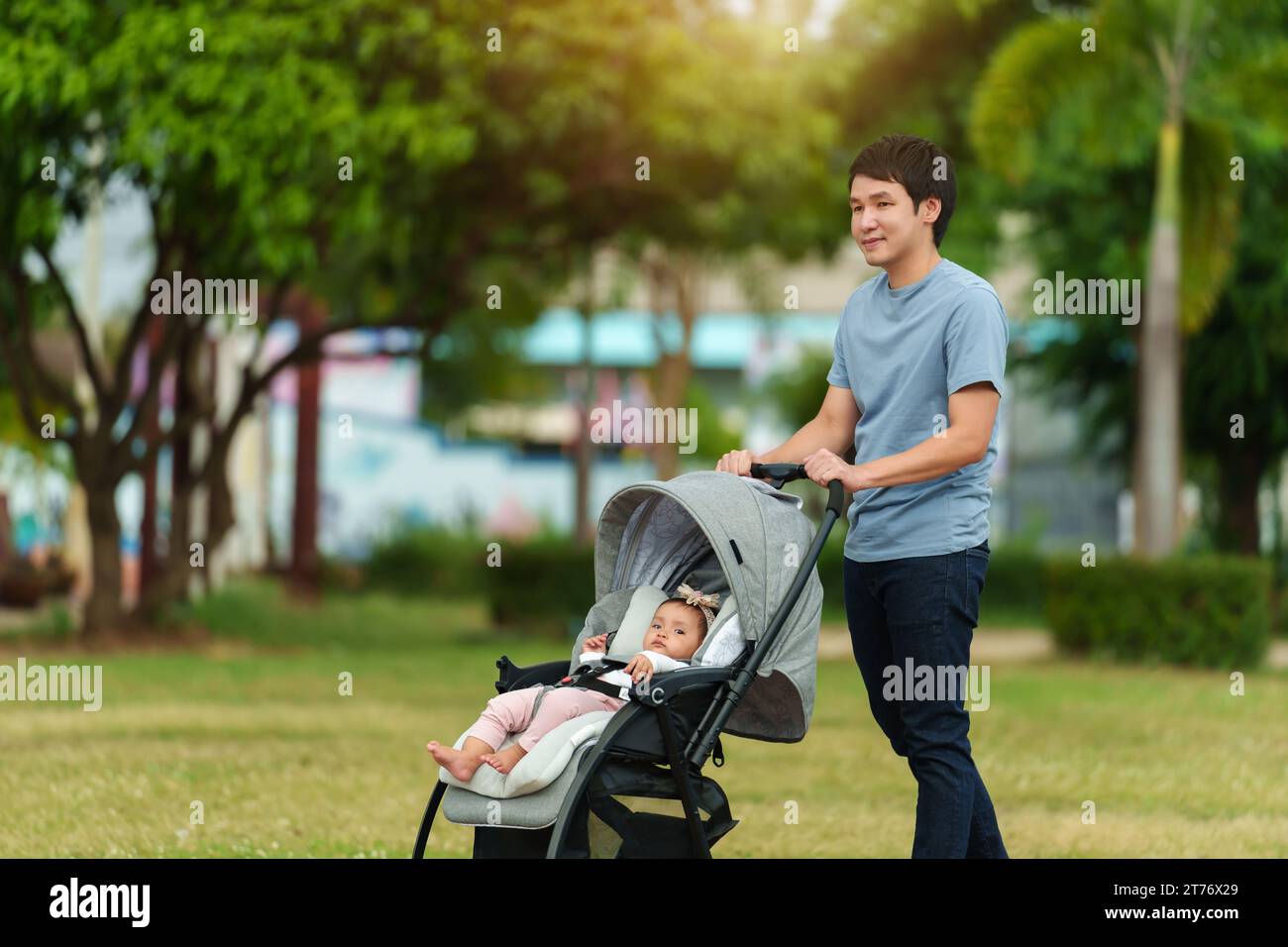 happy father pushing infant baby stroller and walking in the park Stock ...