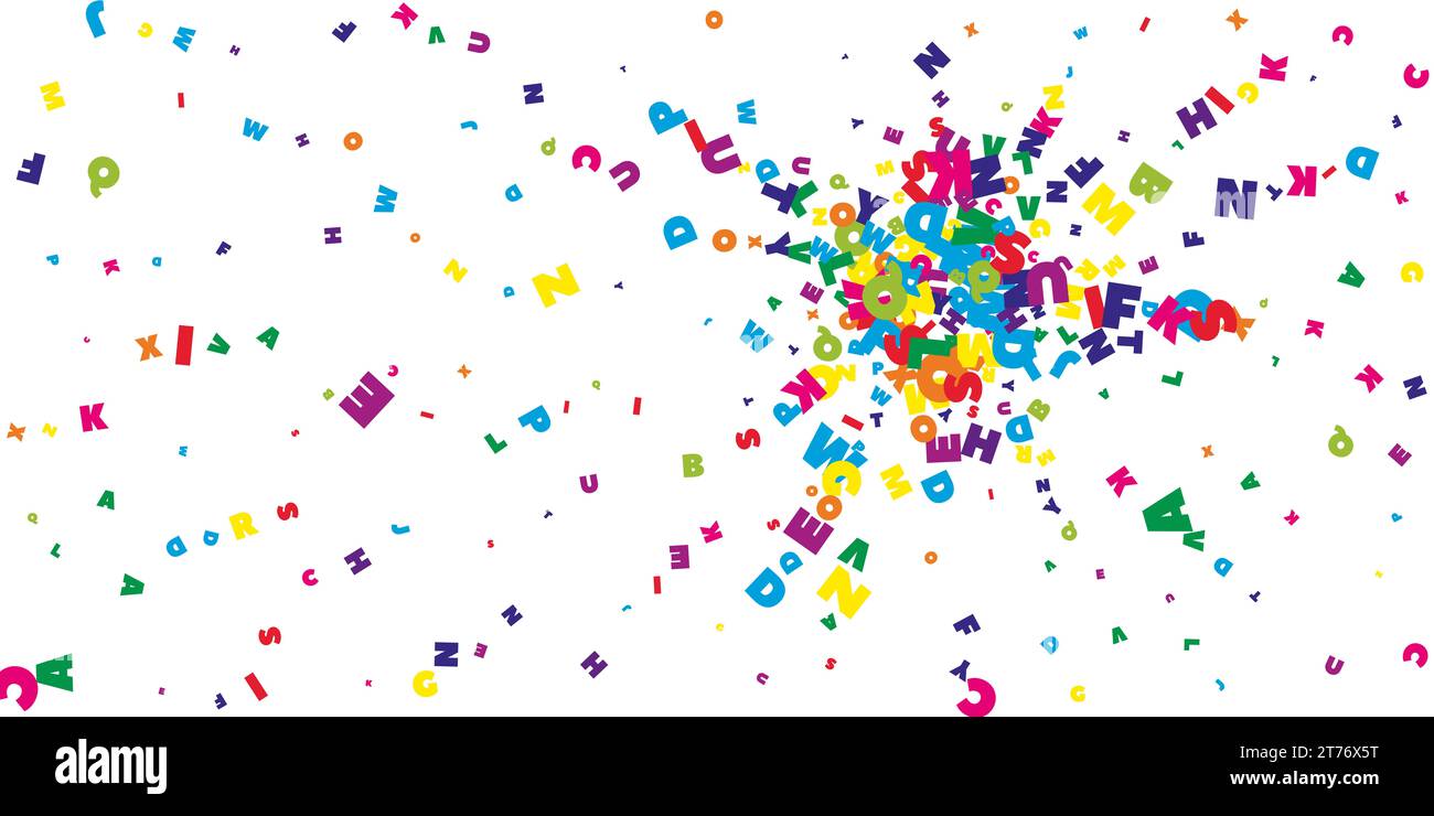 Falling letters of English language. Bright flying words of Latin ...