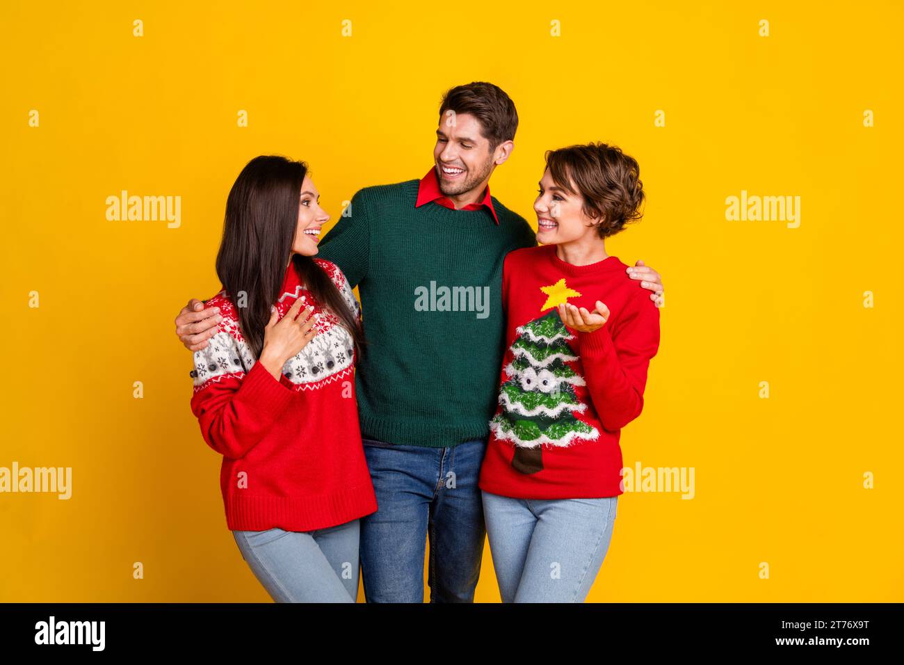 Photo of best fellows lady guy celebrate new year together speaking ...