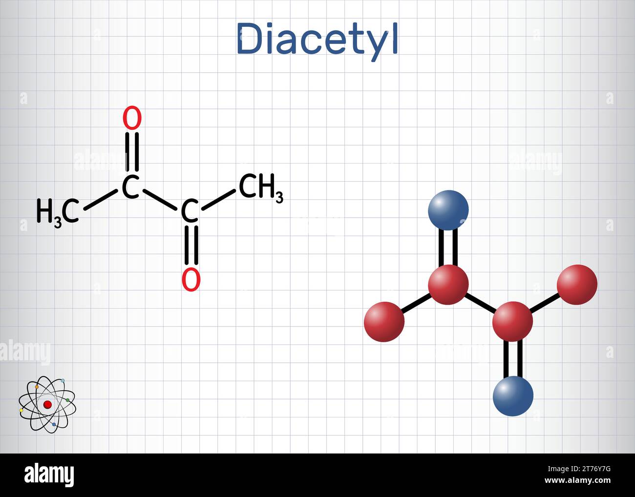 Diacetyl, butanedione molecule. Structural chemical formula, molecule ...