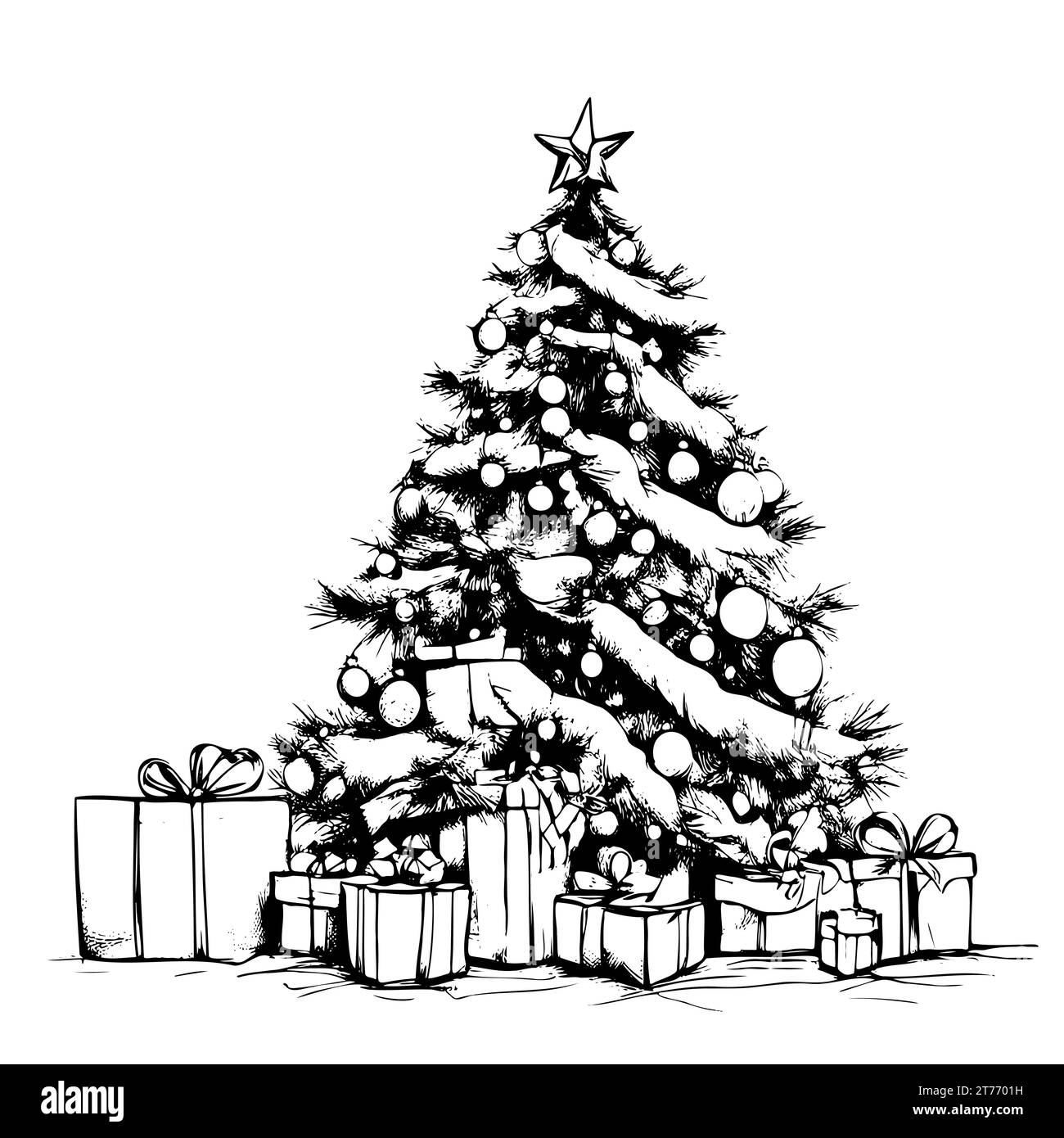 Hand drawn Christmas tree and presents. Vector illustration sketch ...