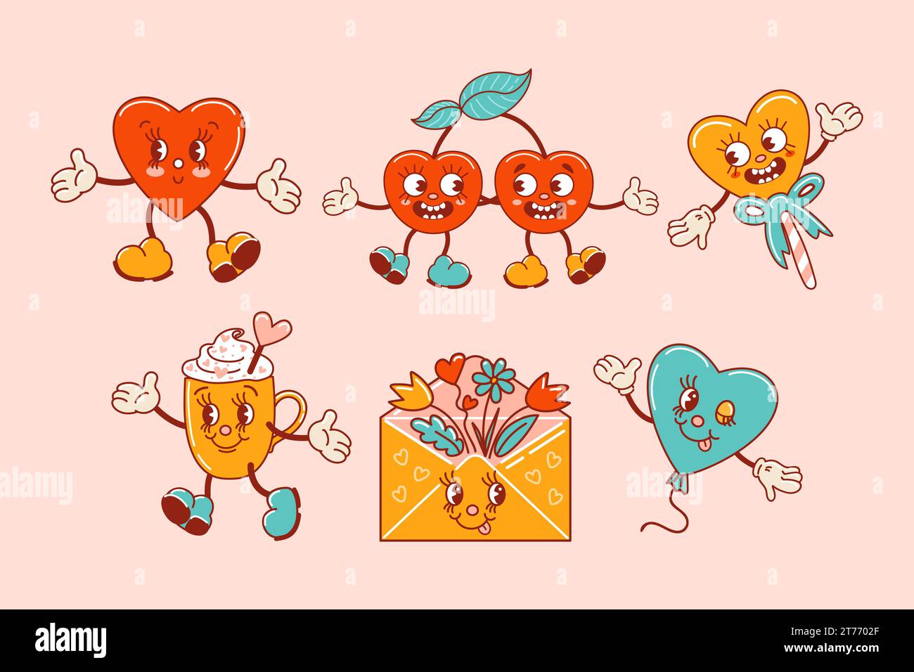 Set for Valentines Day. Characters in old retro cartoon style. Dancing ...