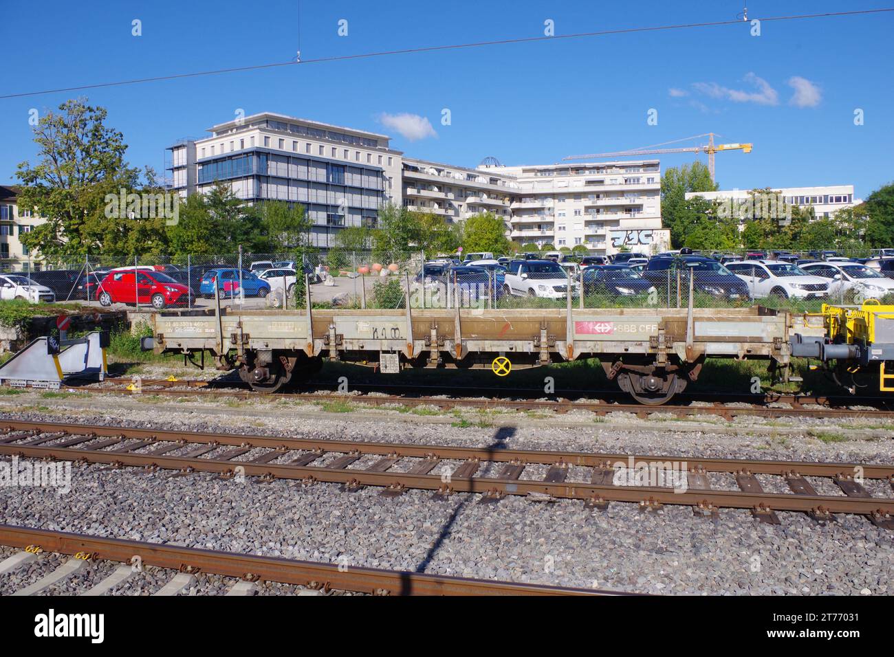 Departmental wagons at Nyon railway station, Nyon, Vaud. Switzerland ...
