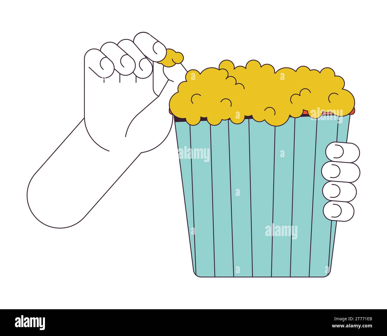 Eating popcorn linear cartoon character hand illustration Stock Vector ...