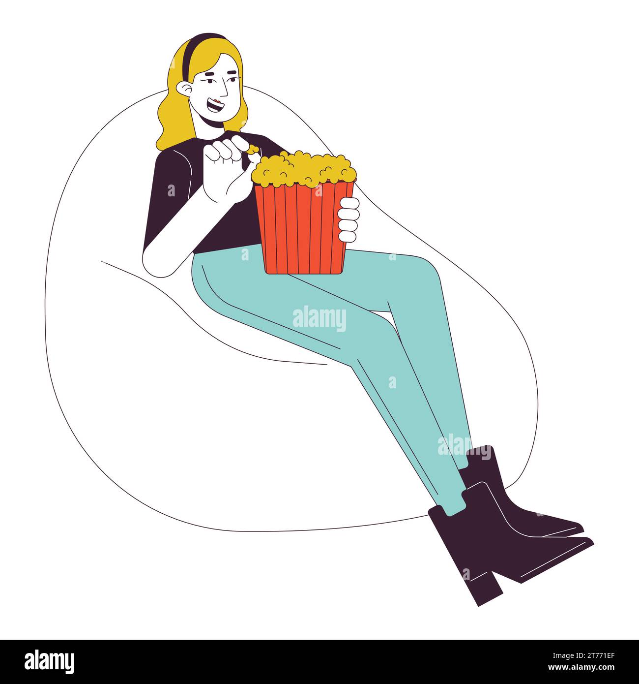 Beanbag woman holding popcorn bucket 2D linear cartoon character Stock ...