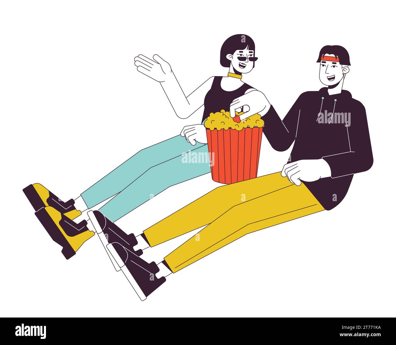 Korean young adult couple discussing movie 2D linear cartoon characters ...