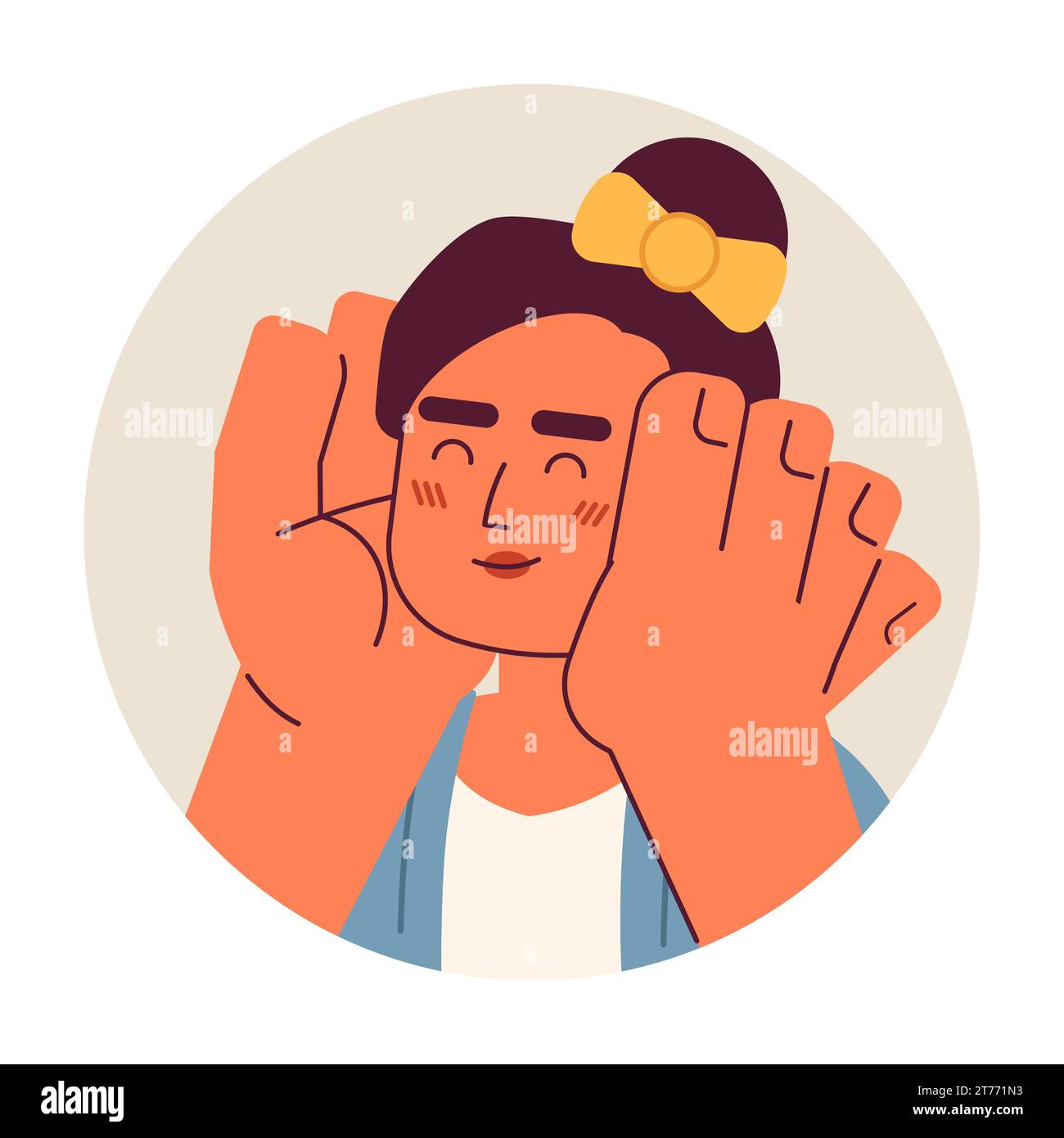 Caucasian young woman hands on cheeks smiling 2D vector avatar ...