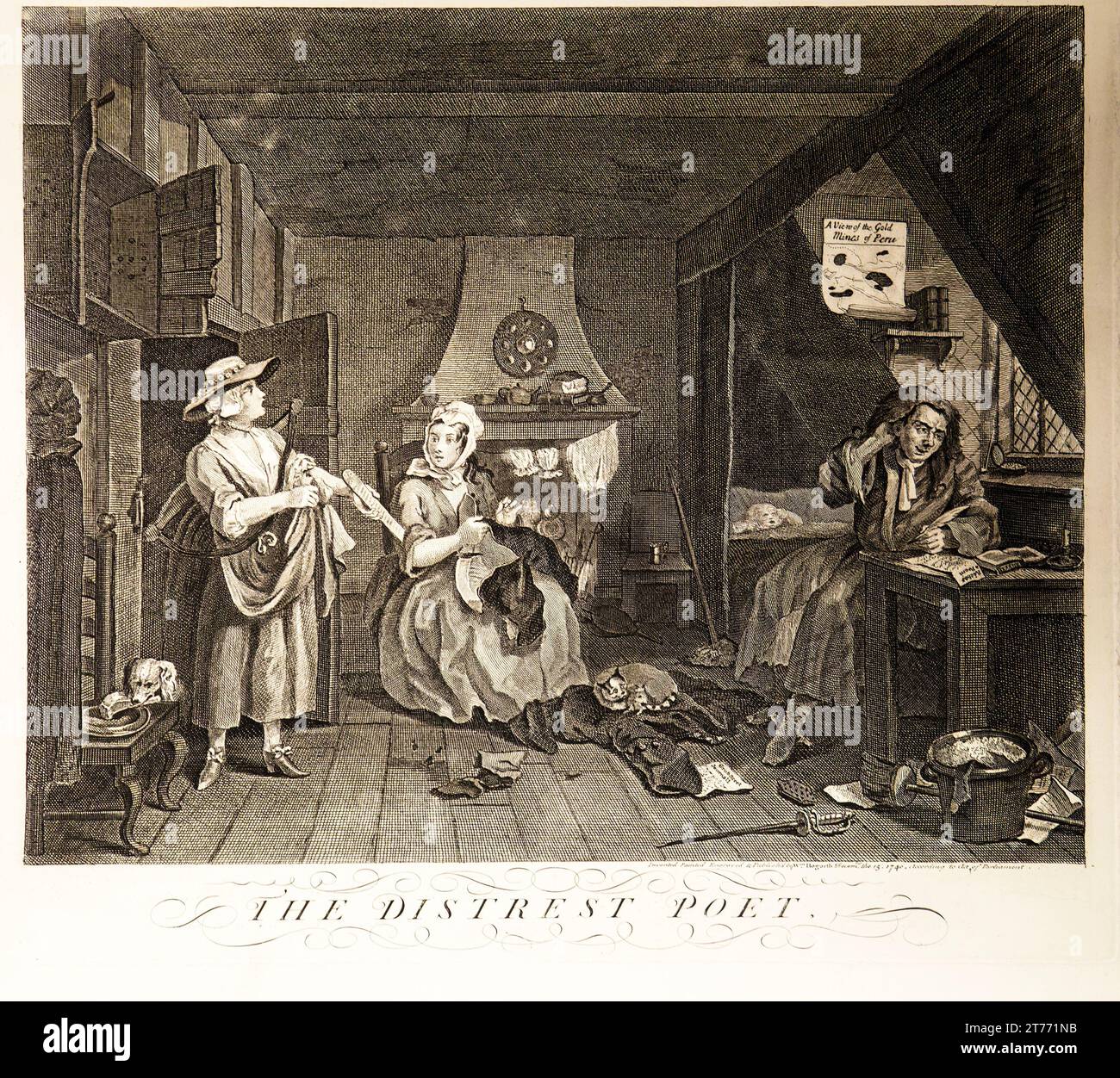 'The Distressed Poet' cartoon engraving by William Hogarth 1746 Stock ...