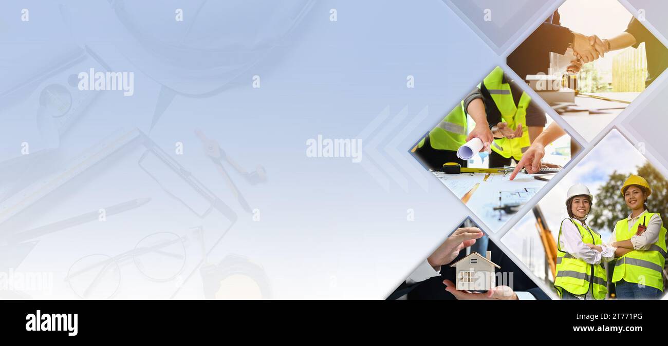 Professional engineer team in work site and engineer desk background ...