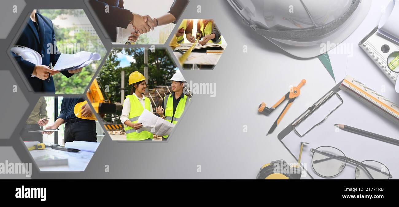 Professional engineer team in work site and engineer desk background ...