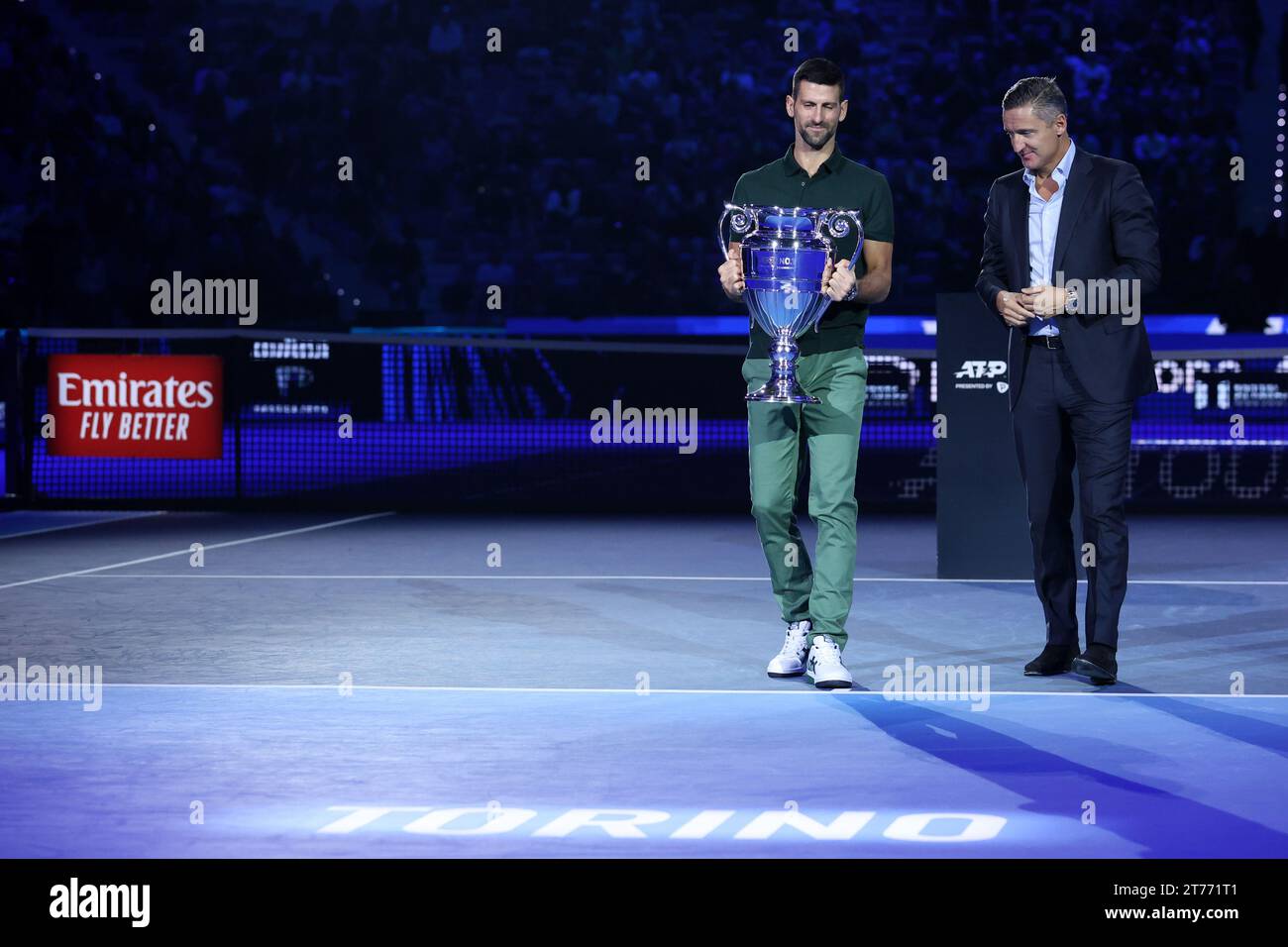 Torino, Italy. 13th Nov, 2023. Novak Djokovic of Serbia is awarded with ...