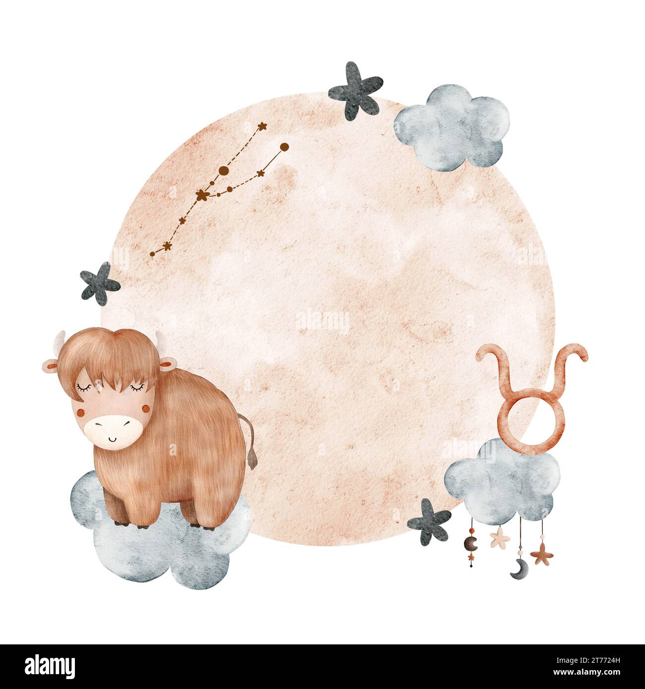 Watercolor children's composition of zodiac sign Taurus, cloud, stars ...