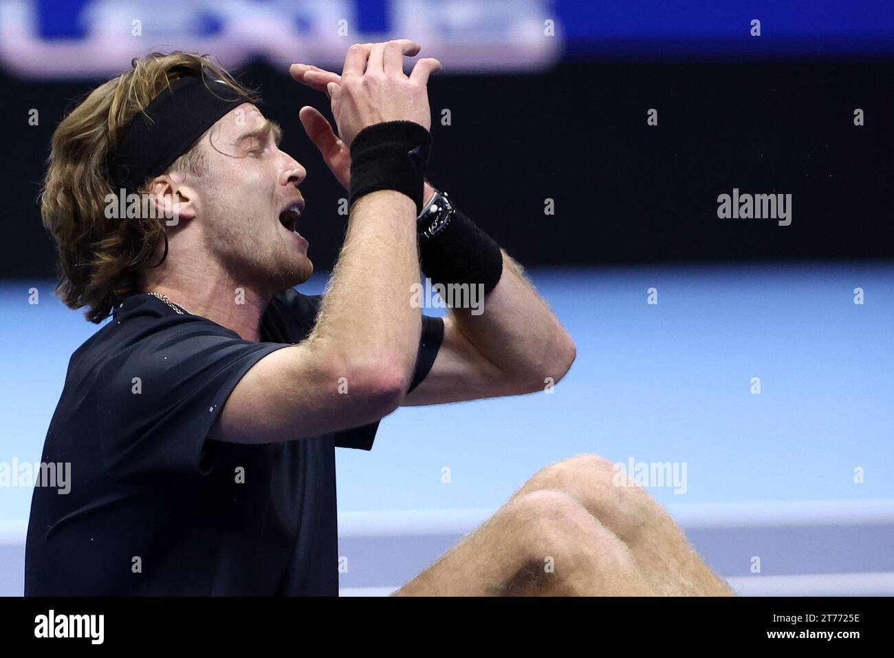 Torino, Italy. 13th Nov, 2023. Andrey Rublev of Russia looks dejected during the singles match ...
