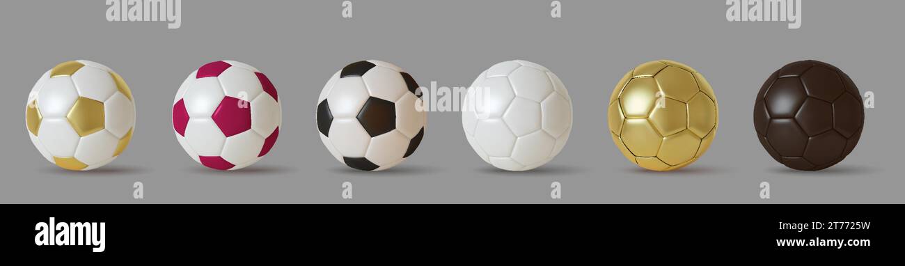 Collection of 3d realistic Soccer balls. Set of golden, violet and ...