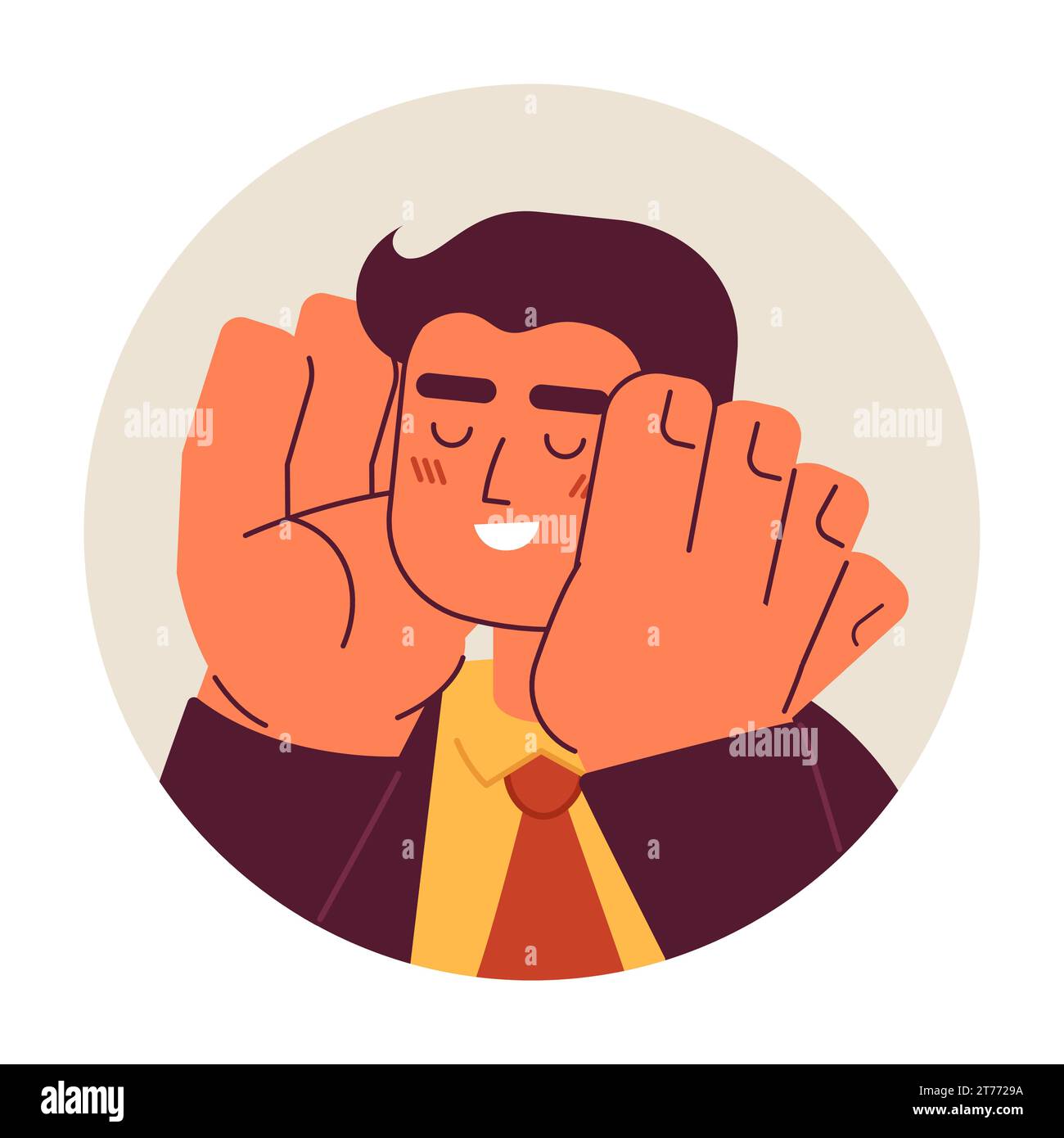 Caucasian office employee guy smiling hands on face 2D vector avatar ...