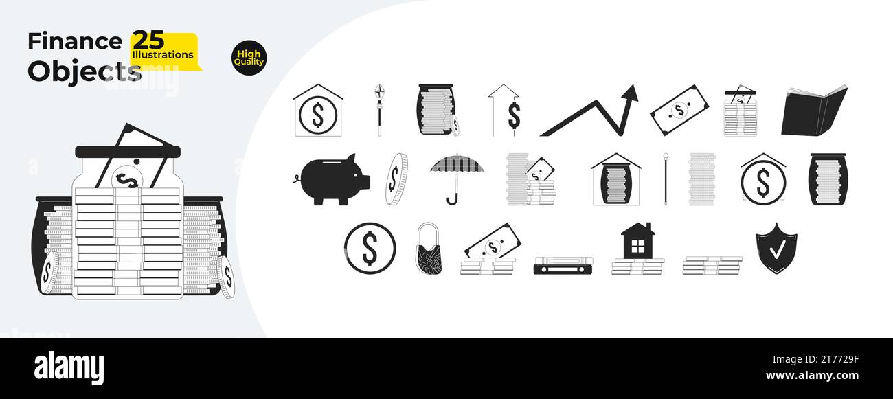 Finances money black and white 2D line cartoon objects bundle Stock ...