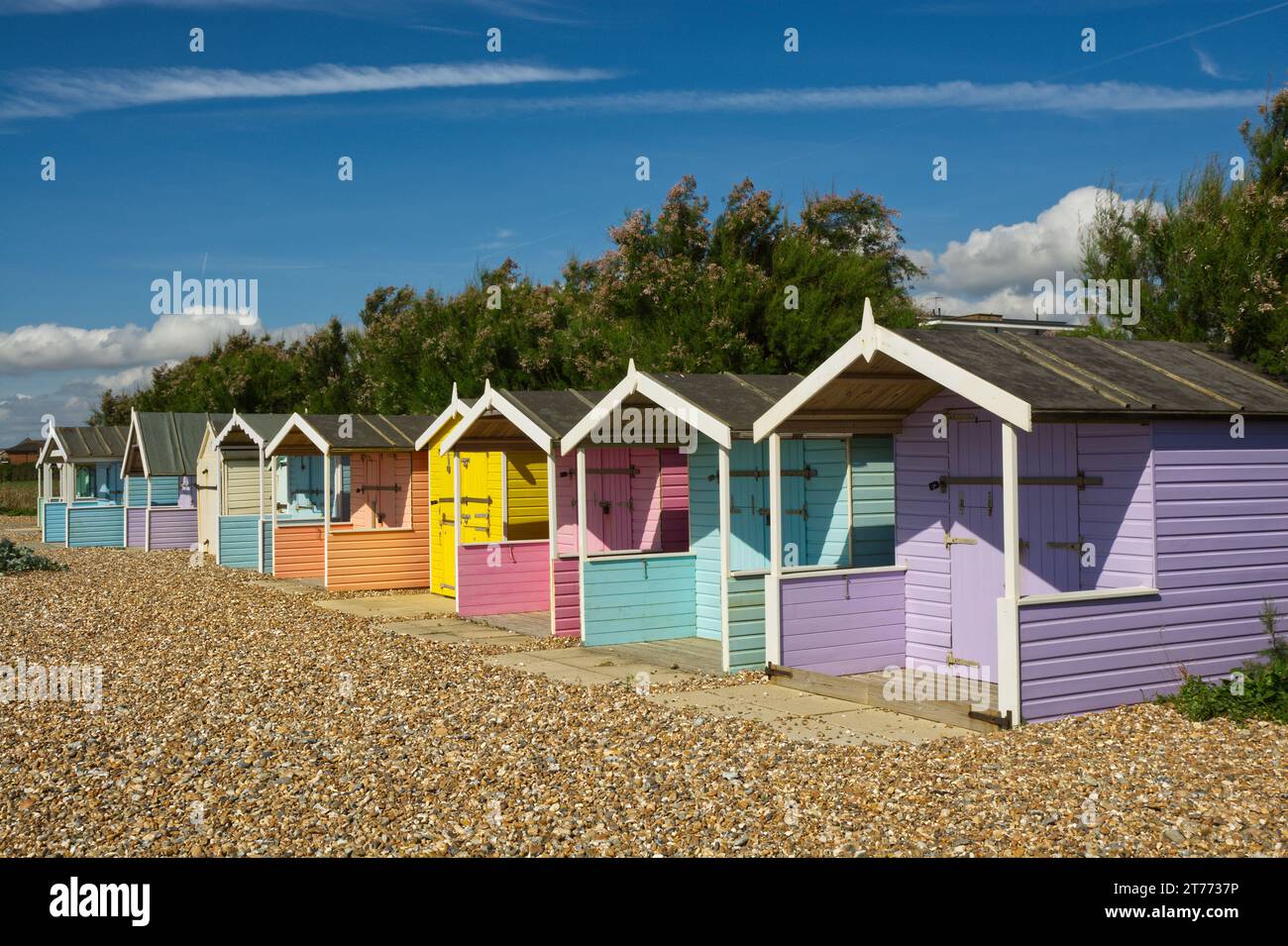 Multicoloured beach huts at Rustington near Littlehampton in West ...