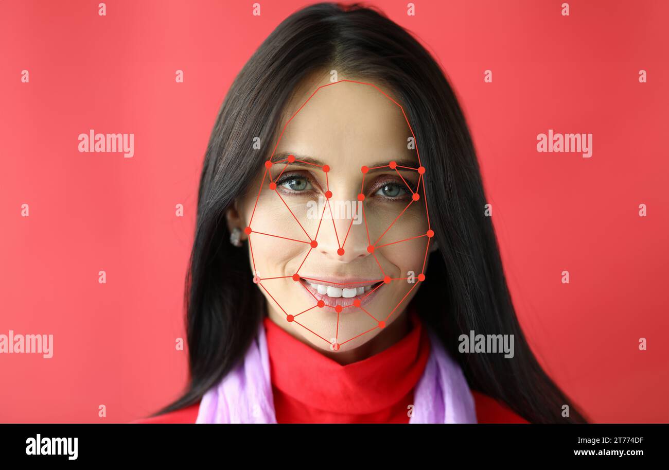 Biometric verification smiling woman portrait Stock Photo - Alamy
