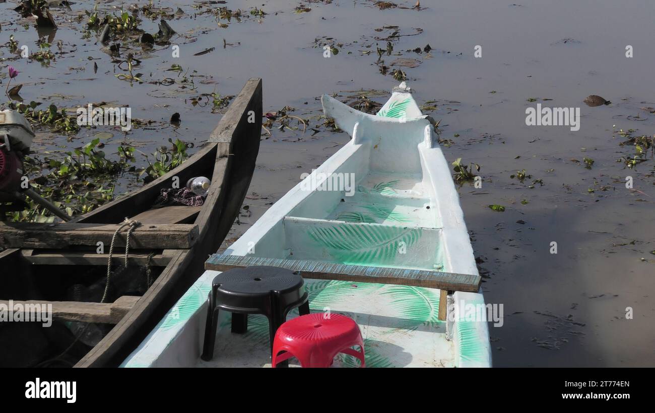 Colorful tourist boats parked at water lily field, Malarikkal, Kottayam ...